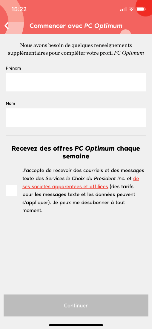 S’inscrire dans l’application PC Optimum