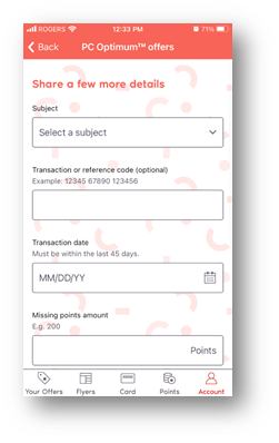Submitting a points inquiry on PC Optimum app