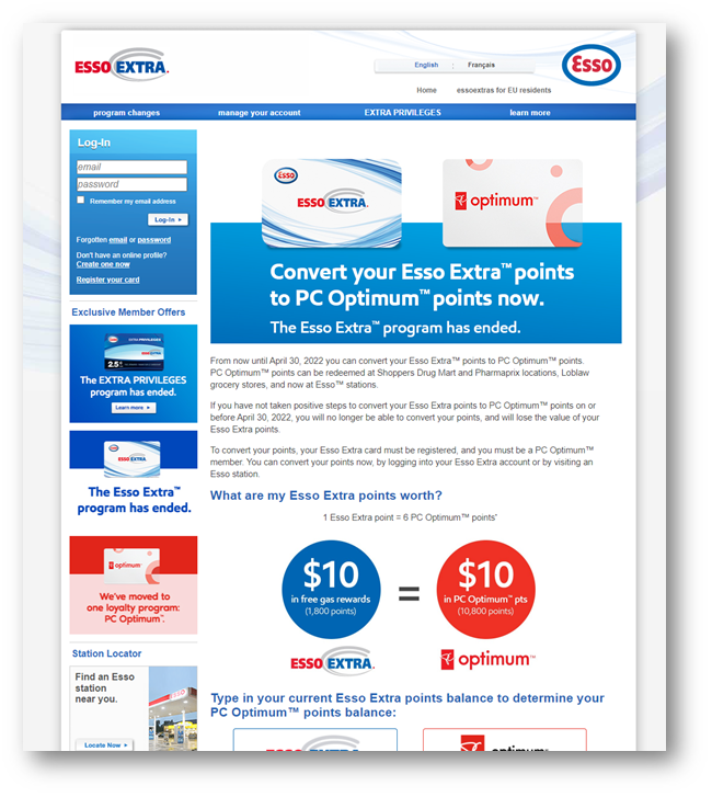 How do I convert Esso Extra™ points to PC Optimum™ points online?