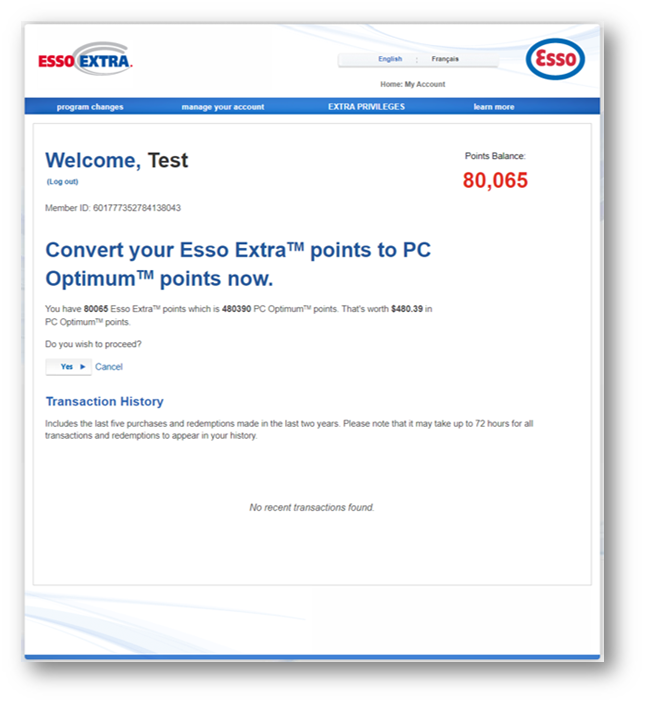 How do I convert Esso Extra™ points to PC Optimum™ points online?