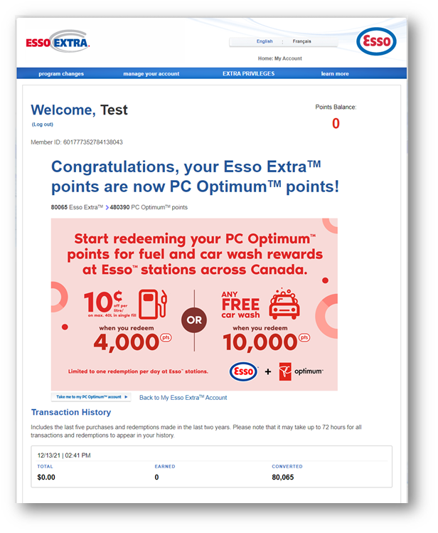 How do I convert Esso Extra™ points to PC Optimum™ points online?