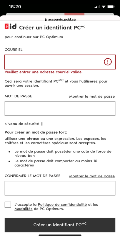 S’inscrire dans l’application PC Optimum