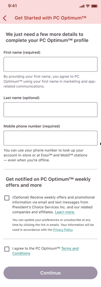 S’inscrire dans l’application PC Optimum