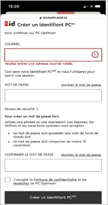 S’inscrire dans l’application PC Optimum