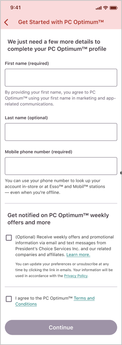 S’inscrire dans l’application PC Optimum